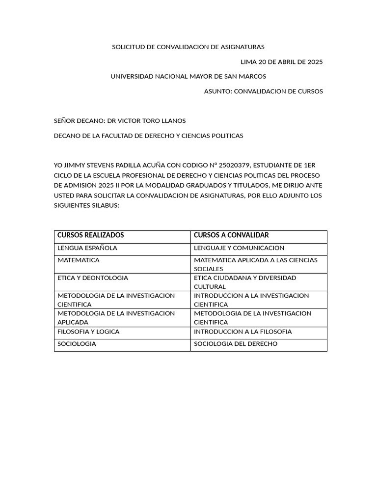 SOLICITUD DE CONVALIDACION DE ASIGNATURAS | PDF | Science