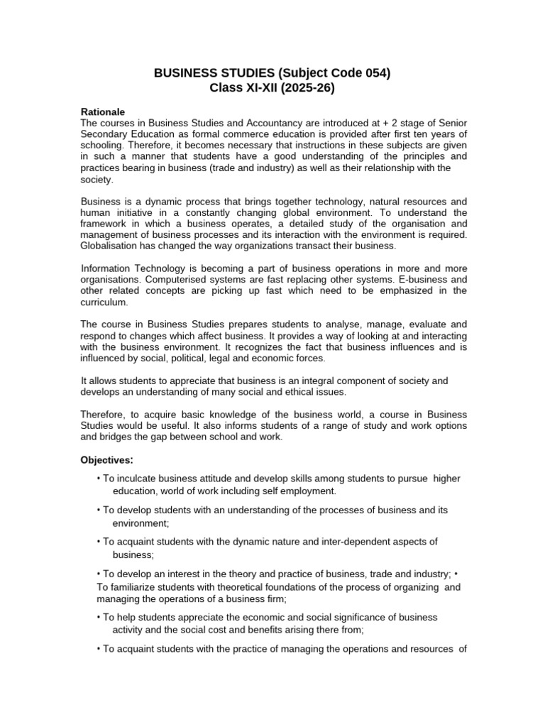 BusinessStudies SrSec 2025-26 | PDF | Marketing | Commerce