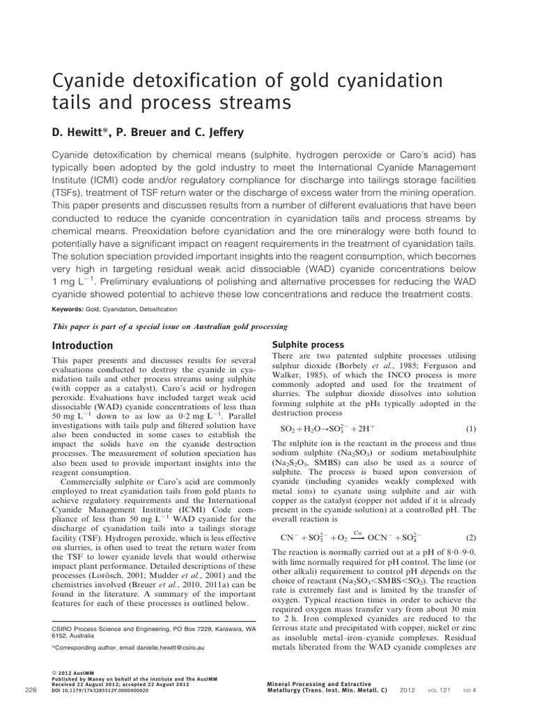 Cyanide Detoxification of Gold Cyanidation Tails and Process Streams ...
