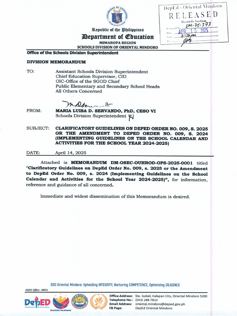 DM Clarificatory Guidelines On DepEd Order No. 009 S. 2025 or The ...
