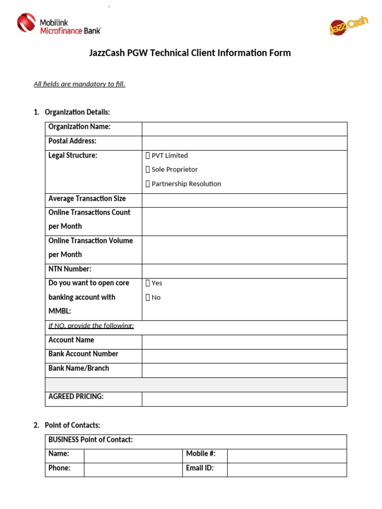 JazzCash PGW Client Info Form | PDF | Payments | Computing