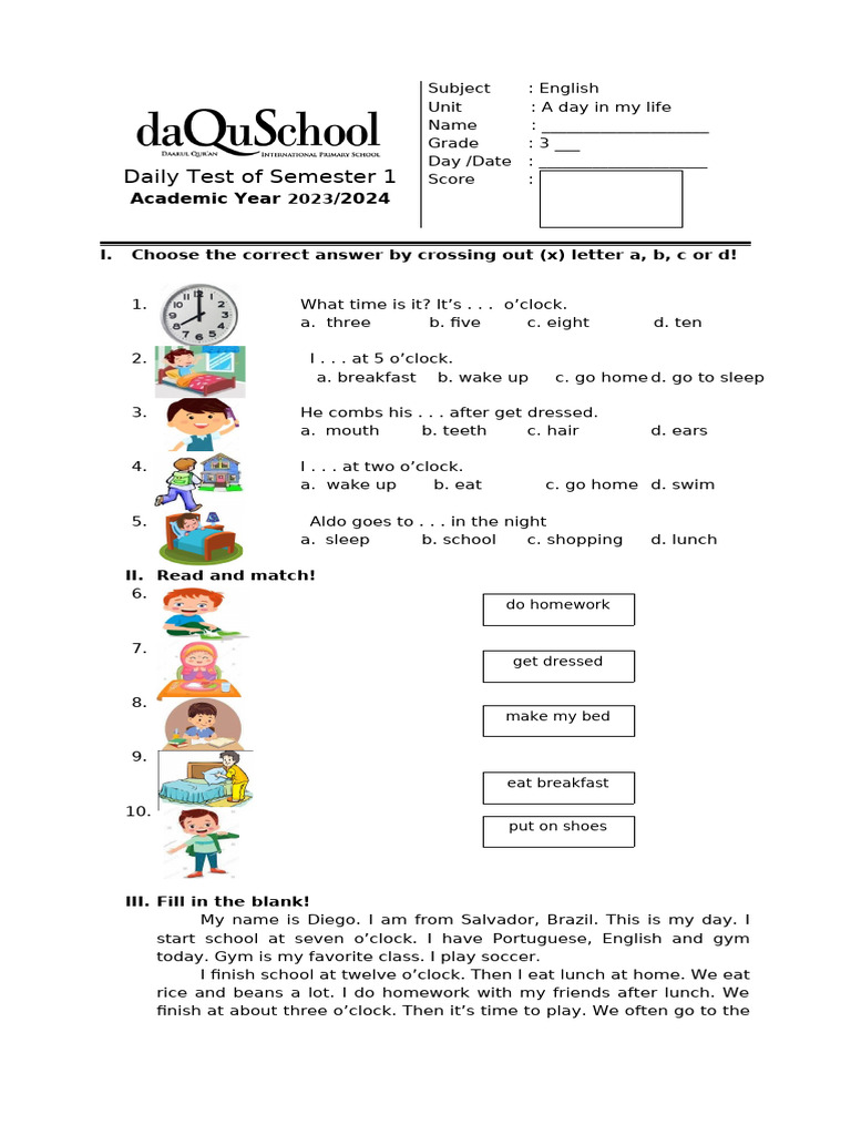 English Daily Test for Grade 3 | PDF