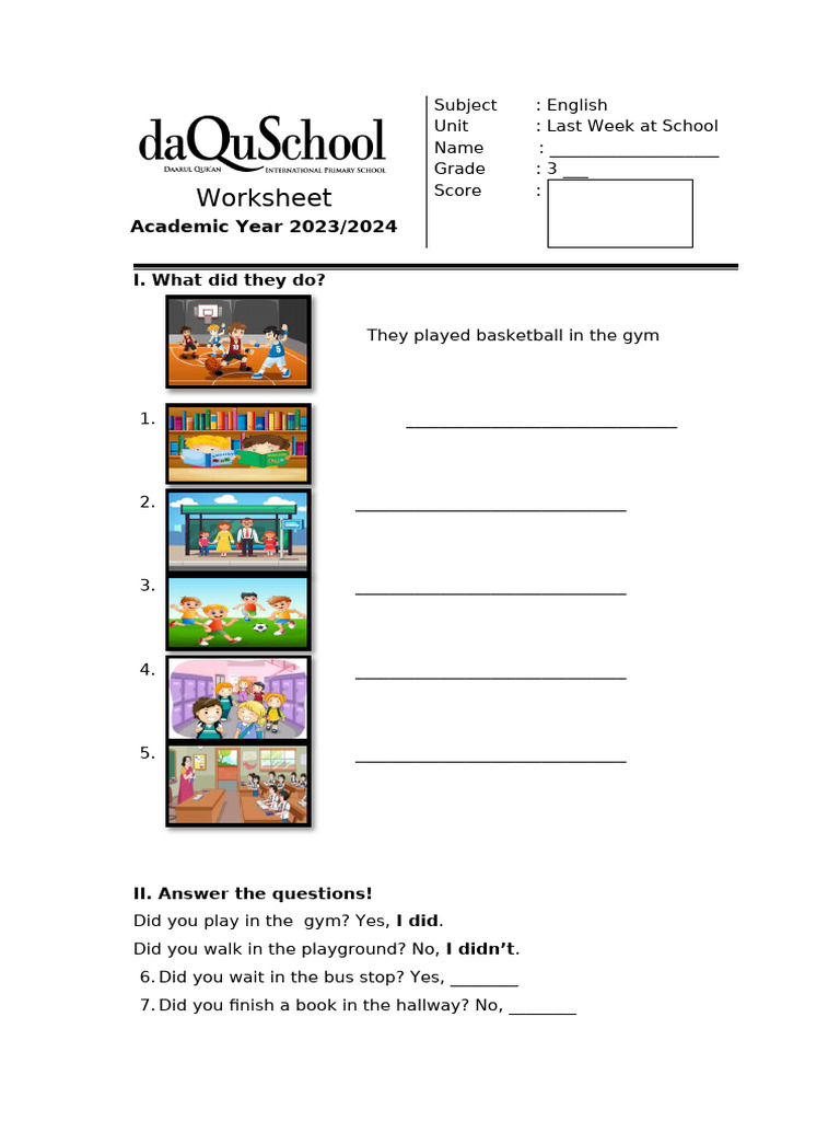 English - Worksheet Last Week at School | PDF