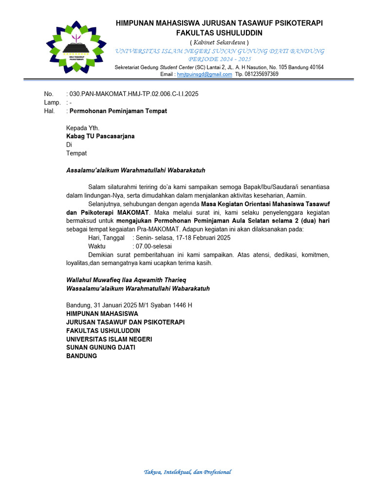 .030.surat Perminjaman Aula - Pan.makomat - Hmj-Tp.02.006.c-I.i.2025 | PDF