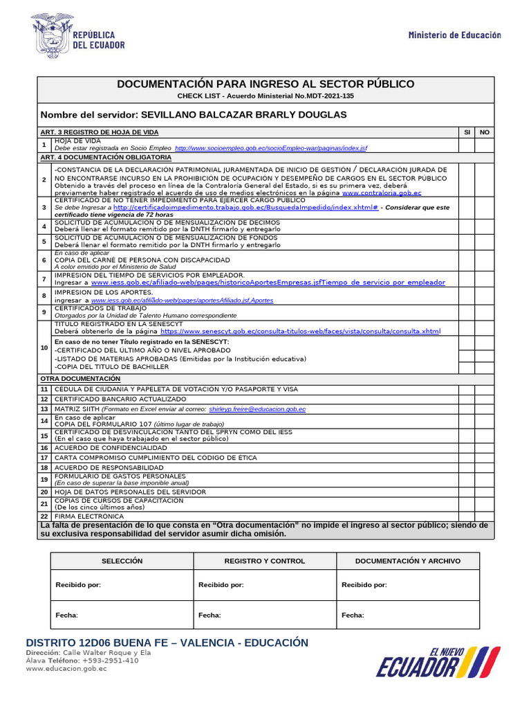 Documentos de Ingreso - Check List | PDF