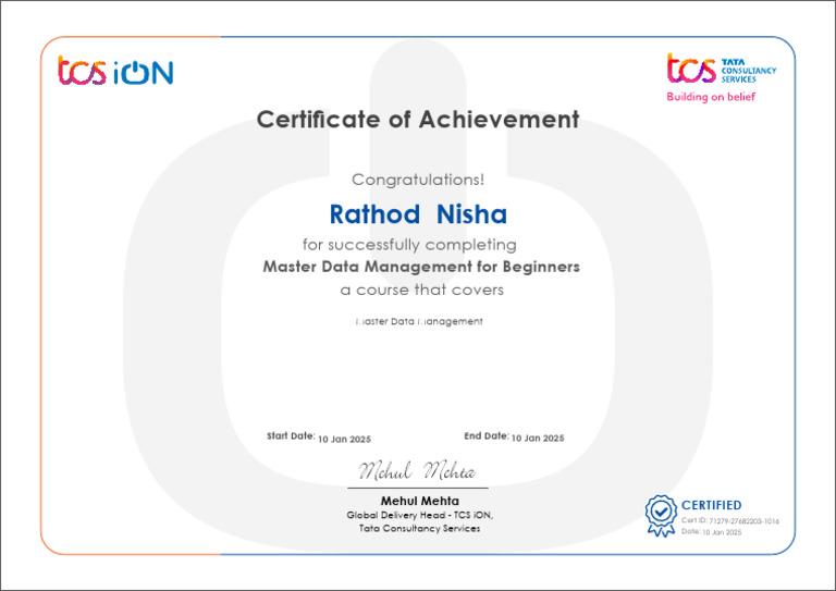 Tcs Data Management Certificate | PDF