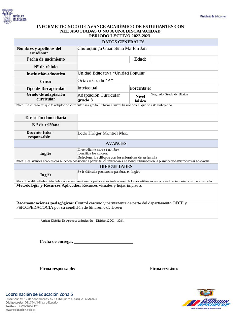 Formato de informe de avances estudiante con NEE 8VO A | PDF | Maestros ...