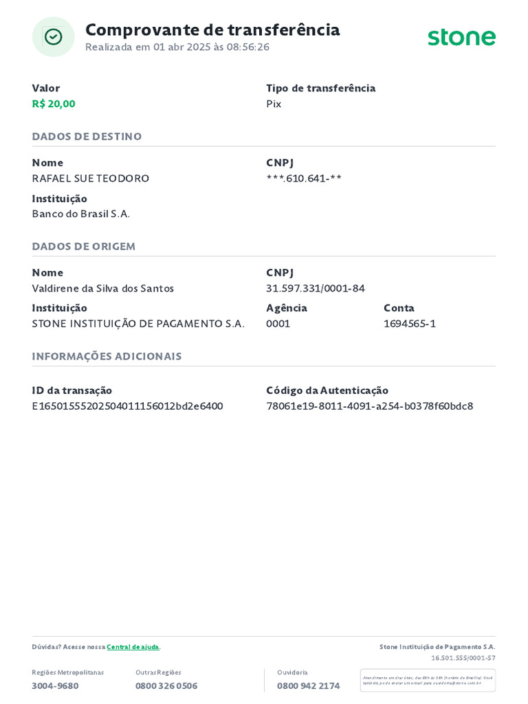 Comprovante de Transferência: Realizada em 01 Abr 2025 Às 08:56:26 | PDF