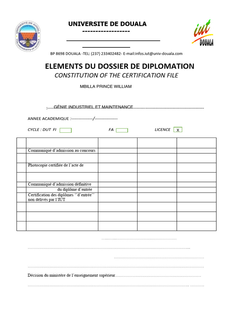 Dossier de diplomation IUT Douala | PDF