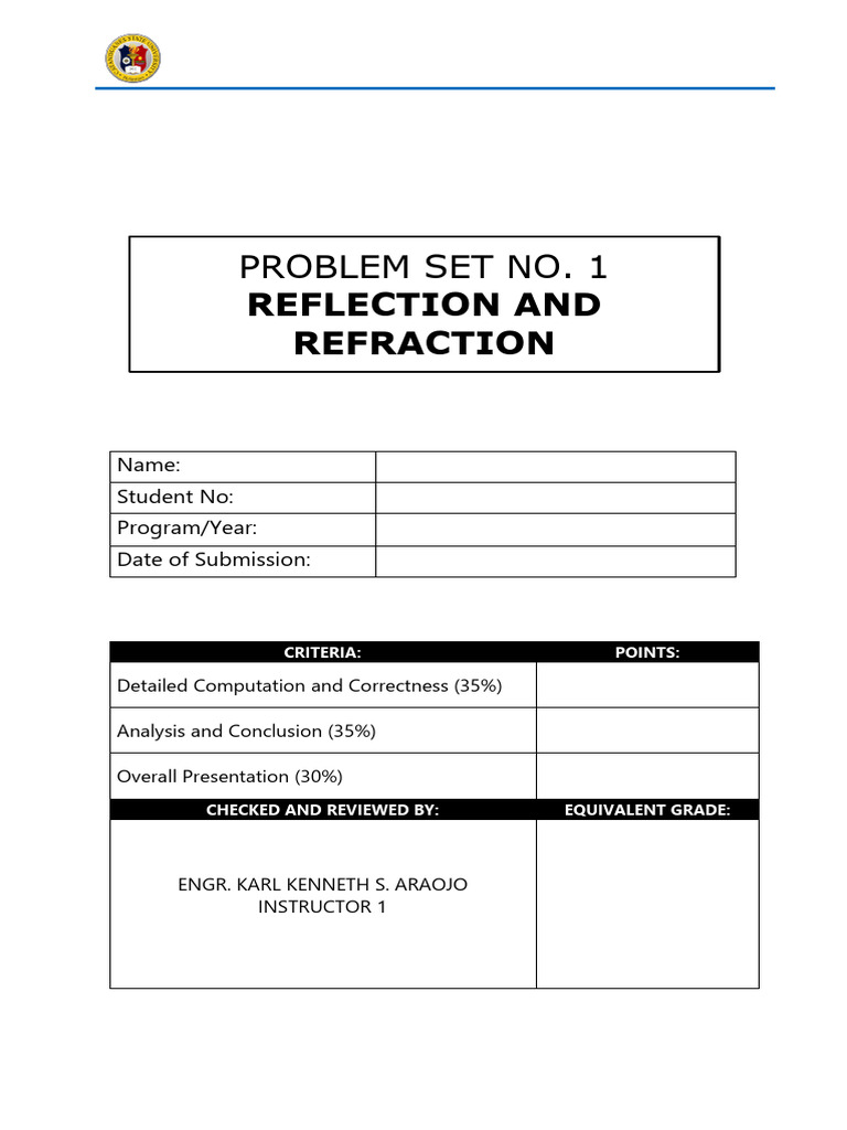 Reflection And Refraction Problem Set Pdf Mirror Optics