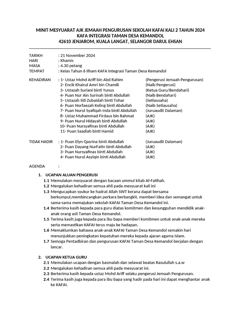 Minit Mesyuarat AJK JP KALI 2 2024 | PDF