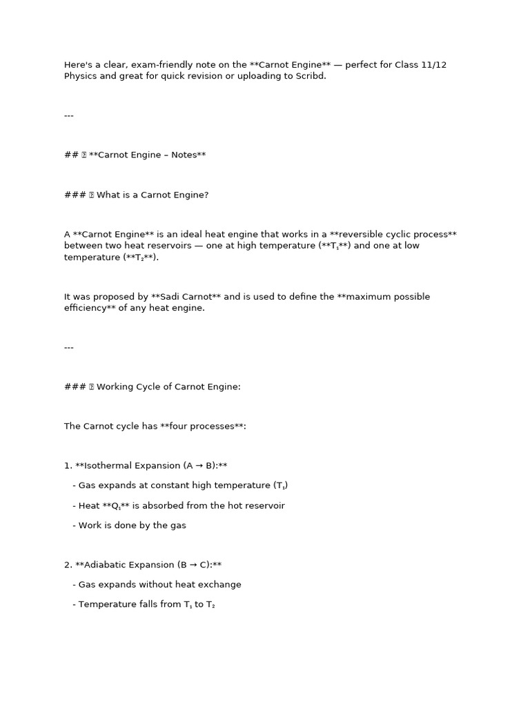 Carnot Engine Notes for Class 11 | PDF