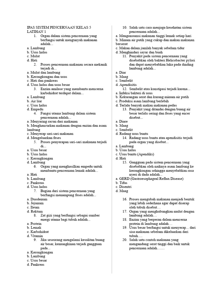 Ipas Sistem Pencernaan Kelas 5 Latihan 1 | PDF