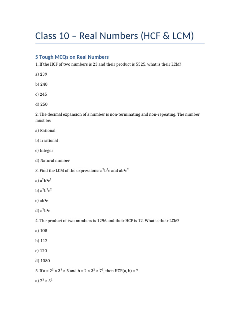 Class 10 Real Numbers HCF LCM Updated | PDF