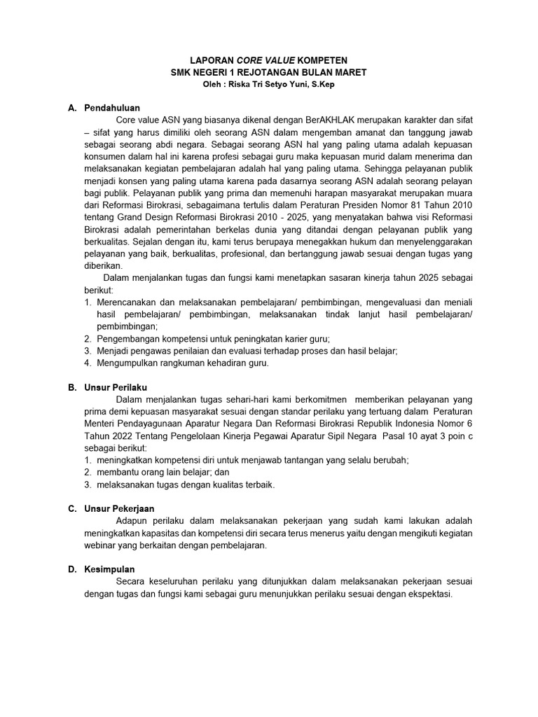 Laporan Core Value Kompeten | PDF