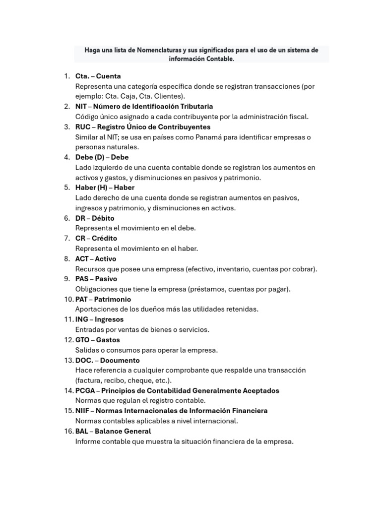 Haga una lista de Nomenclaturas y sus significados para el uso de un ...