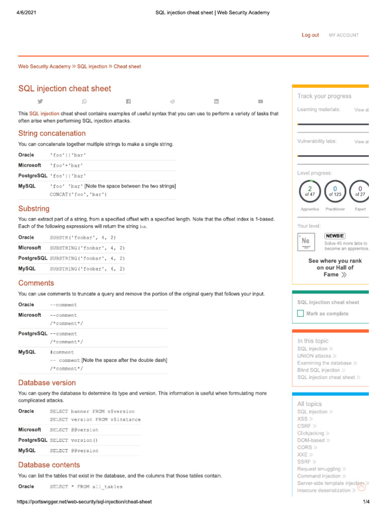 Portswigger SQL Injection Cheat Sheet 2025 | PDF