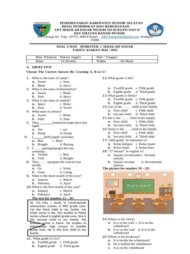 SOAL SEMESTER 1 KELAS 6 SD02 | PDF | Taste | Educational Devices