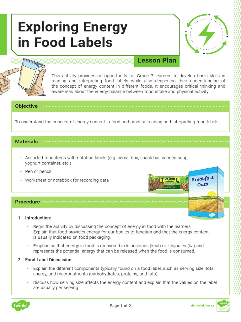 Exploring Energy in Food Labels Lesson Plan | PDF | Food Energy | Calorie