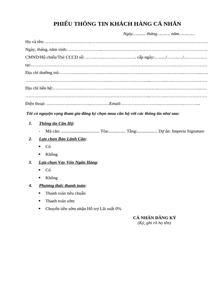 Phiếu Thông Tin Khách Hàng MIK CL | PDF