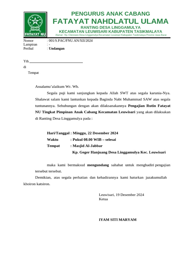 2 Surat Undangan Jamiyahan Rutinan Fatayat | PDF