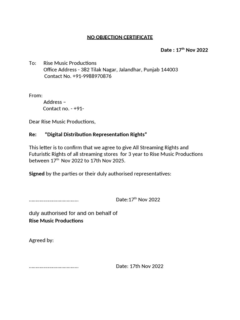 NOC Letter Formate Rise Music | PDF