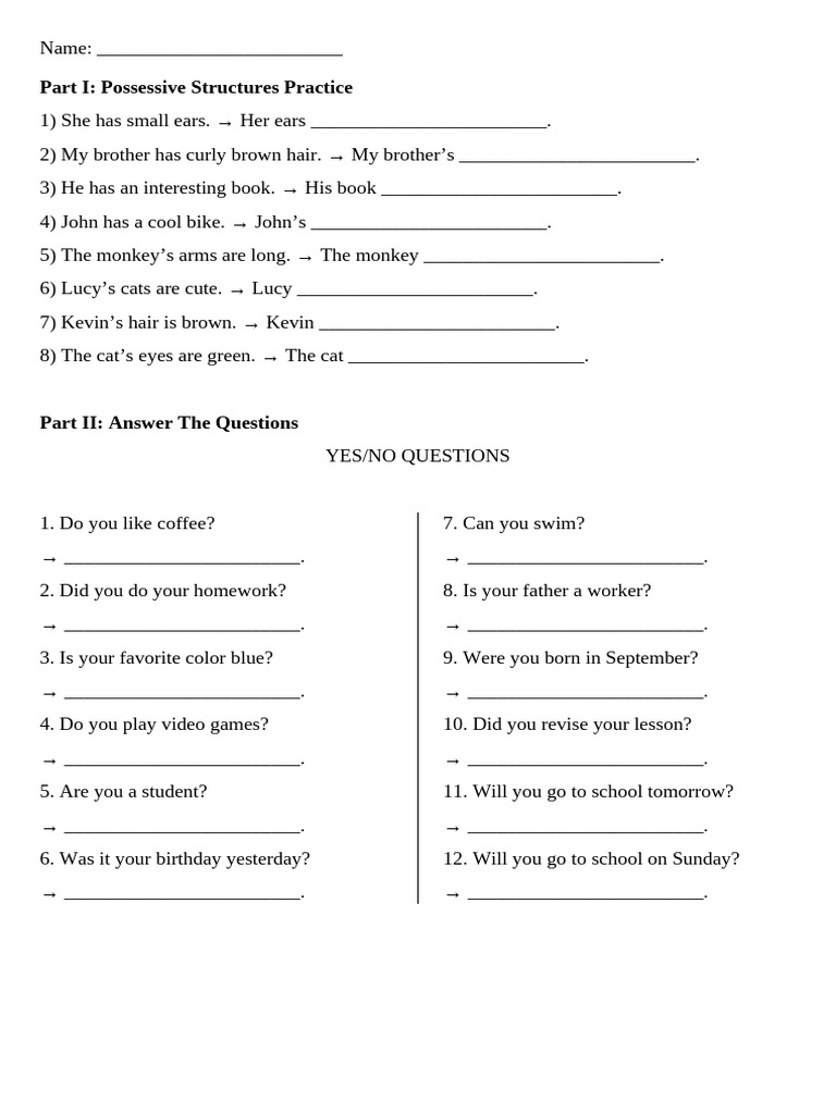 Possessive Structures and Vocabulary Practice | PDF