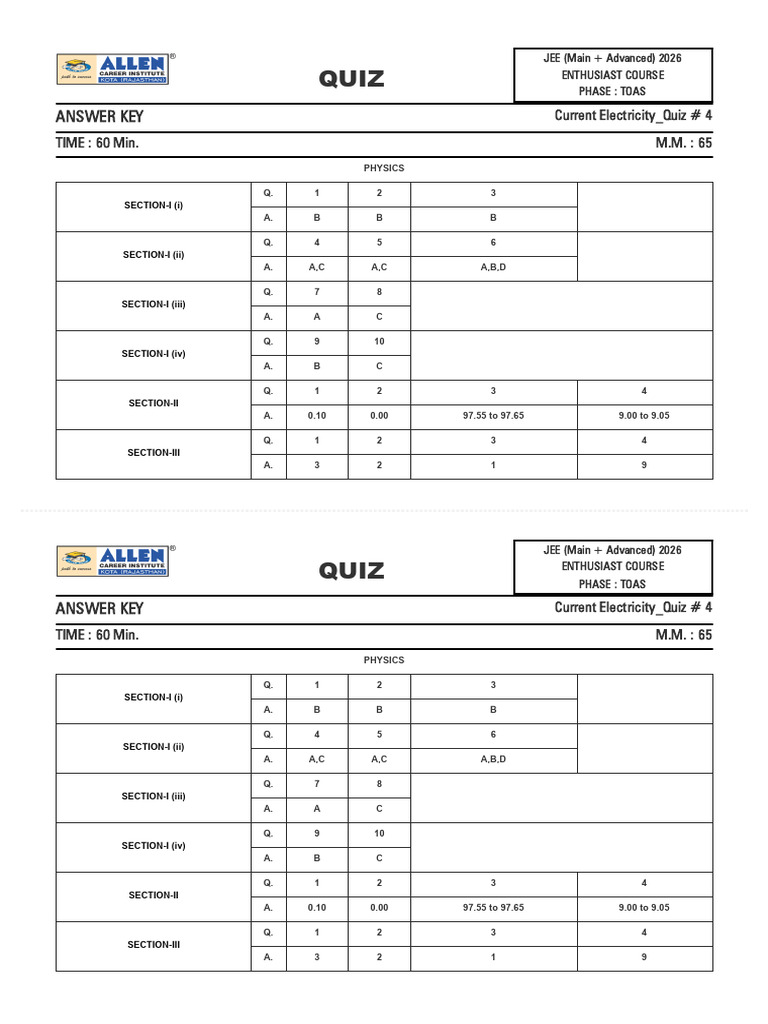04 - Quiz (Current Electricity) - Answer Key - 1001PJA106216250154 | PDF