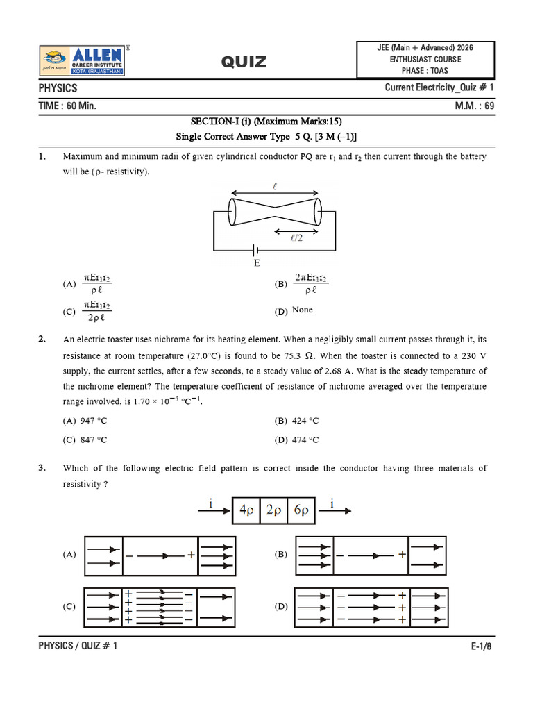 Current Electricity Quiz for JEE 2026 | PDF | Electrical Resistivity ...