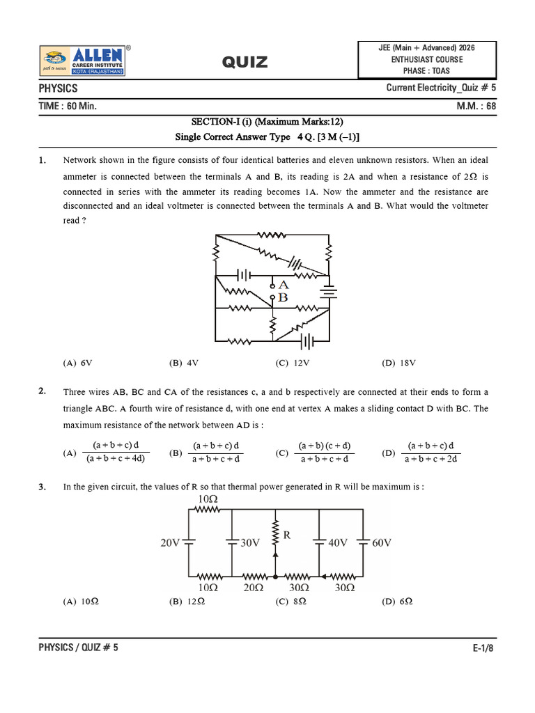 05 Quiz (Current Electricity) Eng 1001PJA106216250155 | PDF | Resistor ...
