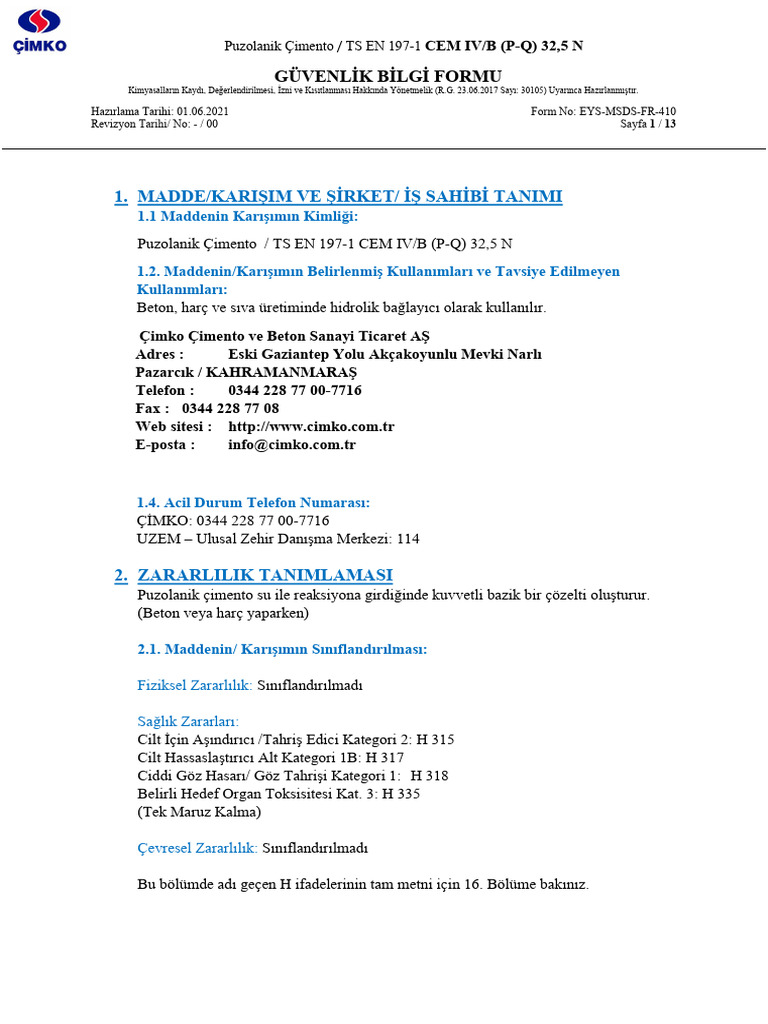 Cimko Master Power Cimento MSDS TR | PDF
