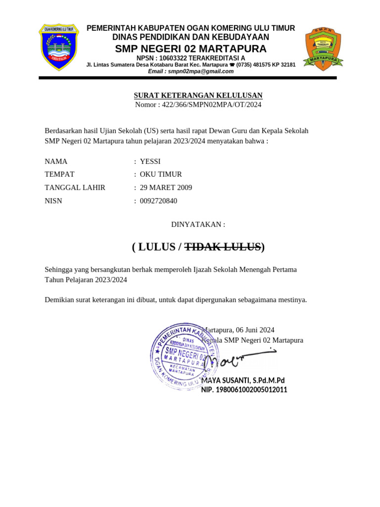 Surat Keterangan Lulus SMP 2024 | PDF