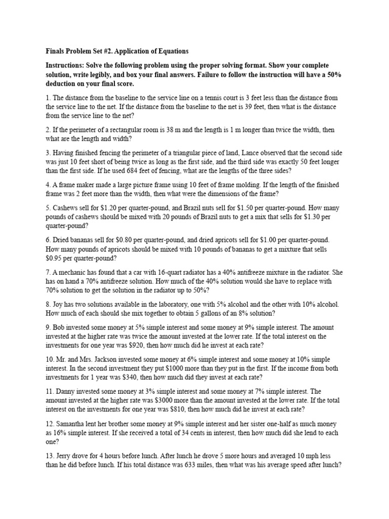 Finals Problem Set2. Applications of Equations | PDF | Profit ...