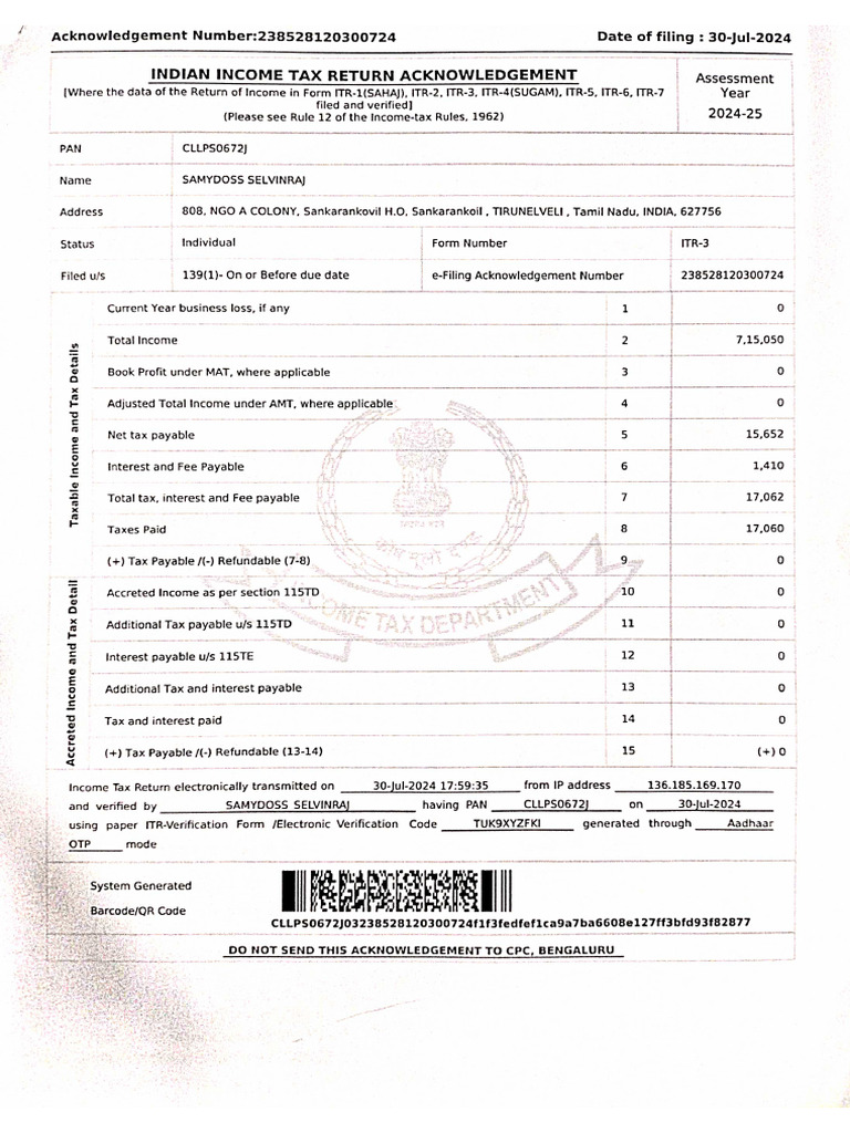 DR Selvin ITR 2024-25 | PDF