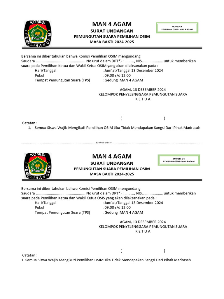 C-6-UNDANGAN-PEMILIHAN-OSIM MAN 4 AGAM | PDF