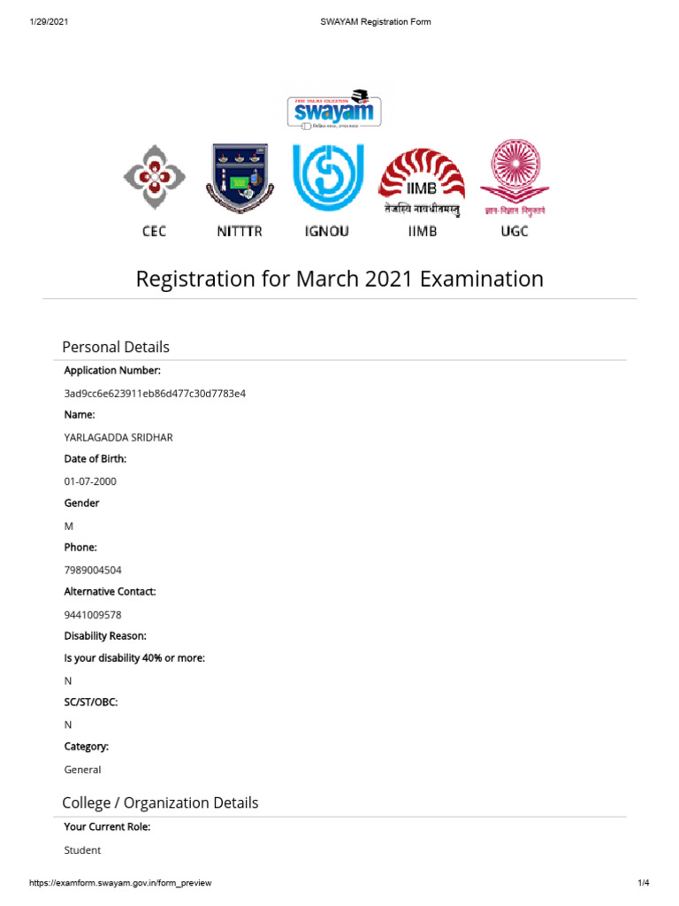 SWAYAM Registration Form | PDF