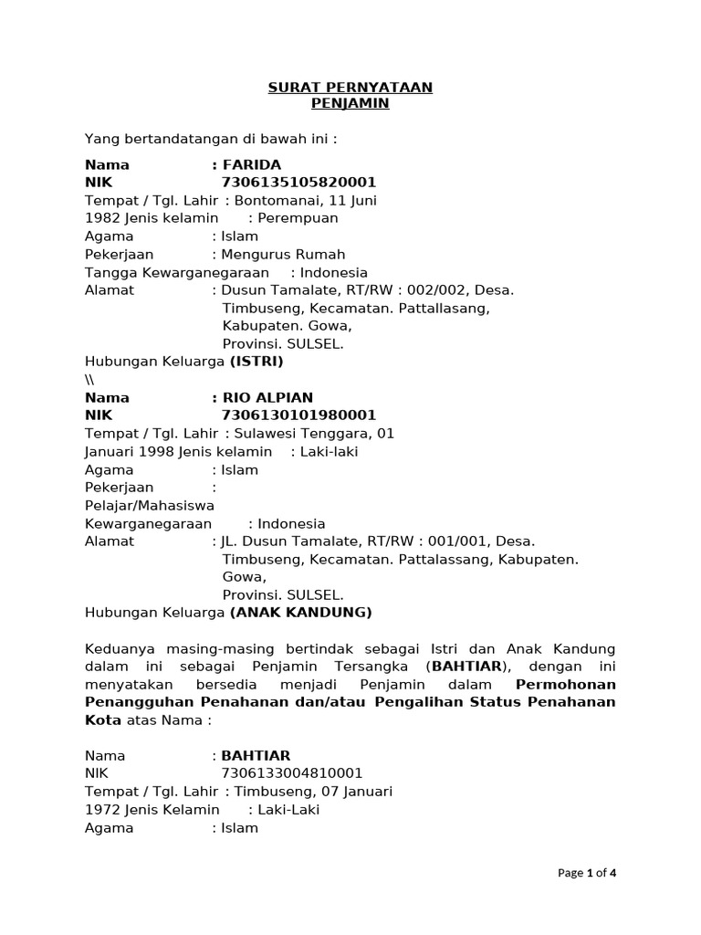 Surat Pernyataan Penjamin Irfan Bahtiar | PDF