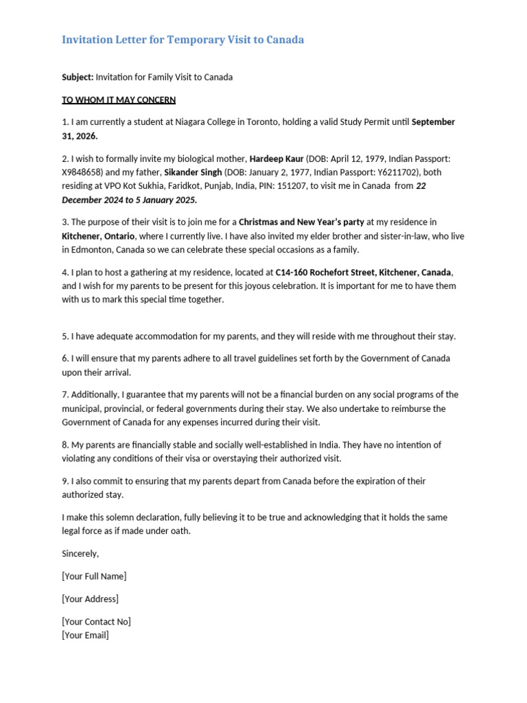 Invitation Letter For Temporary Visit To Canada | PDF