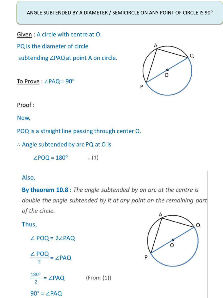 ANGLE SUBTENDED BY A DIAMETER - SEMICIRCLE ON ANY POINT OF CIRCLE IS 90 | PDF