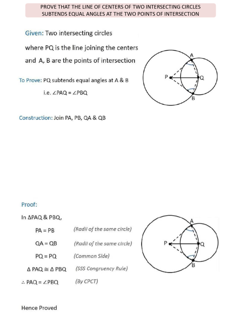 Prove Line of Centers Subtends Equal Angles at The Two Points of Intersection | PDF