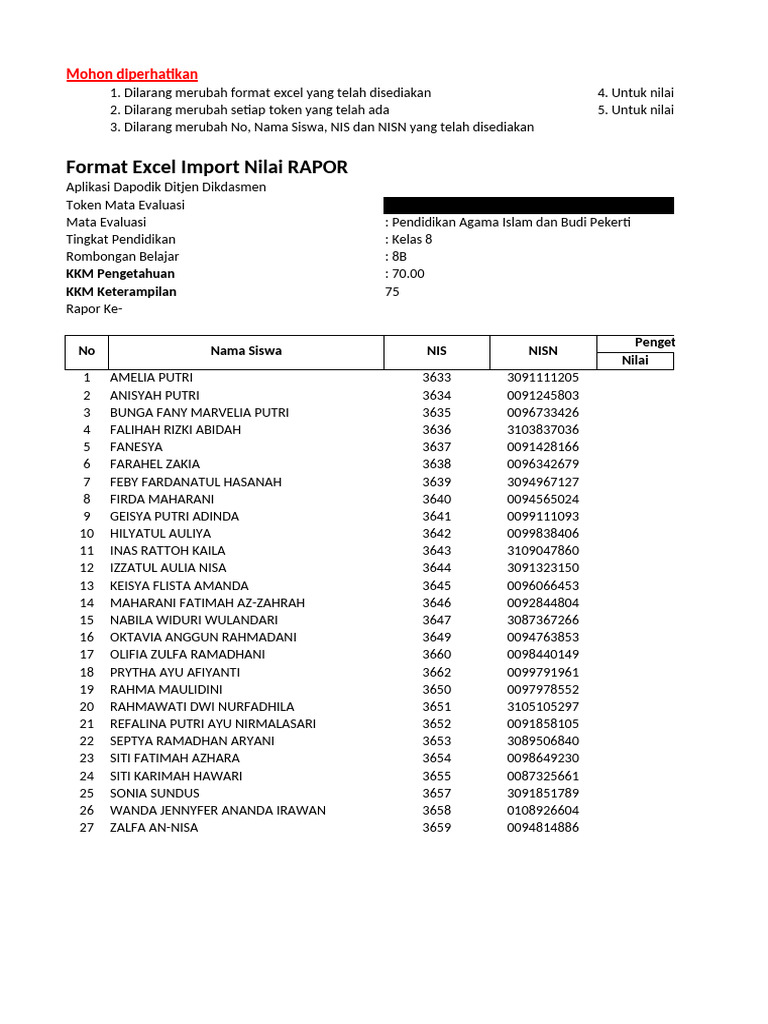 Panduan Format Excel Nilai RAPOR Kelas 8 | PDF