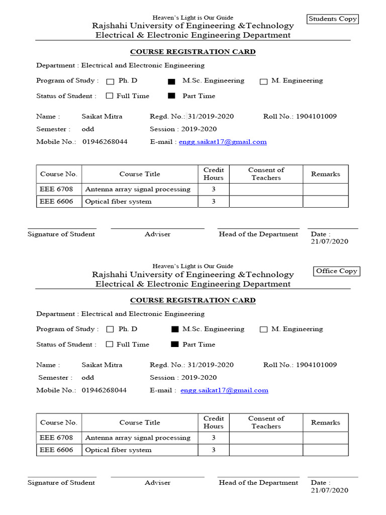 M.Sc-Course Registration Card (Saikat - Mitra) | PDF ...