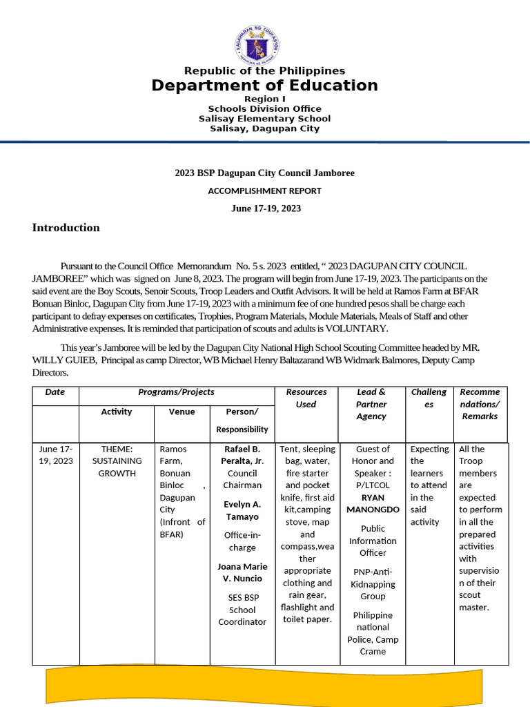 2023 Dagupan City BSP Jamboree Report | PDF