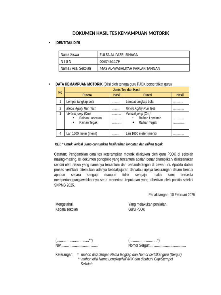TEMPLATE HASIL TES KETERAMPILAN MOTORIK (PORTO OLAHRAGA 2025) | PDF