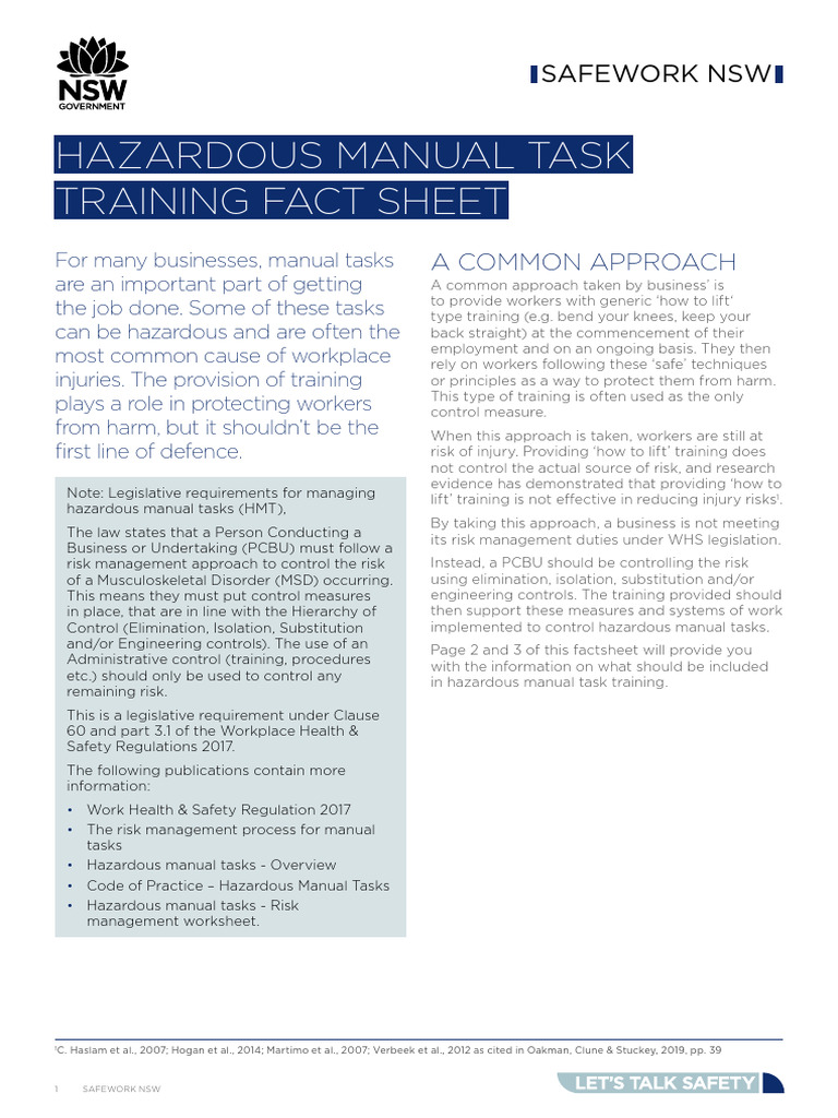 Hazardous Manual Tasks Training Fact Sheet | PDF | Occupational Safety ...