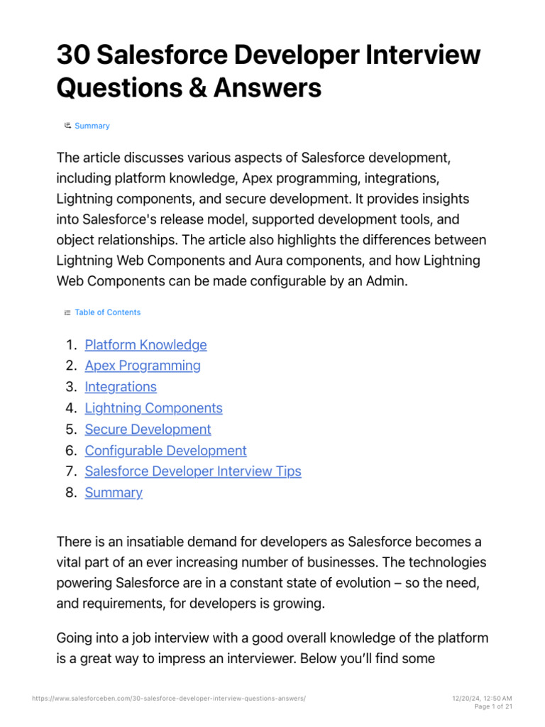 30 Salesforce Developer Interview Questions Answers Salesforce Ben | PDF | Metadata | Class ...
