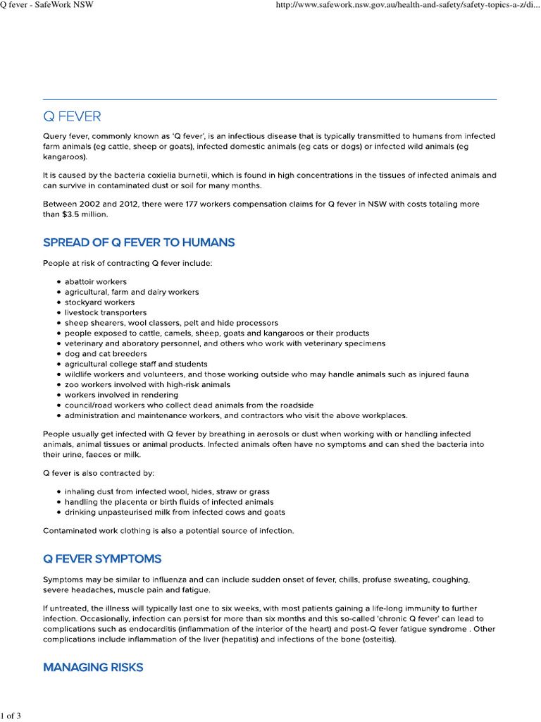 Q Fever - SafeWork NSW | PDF