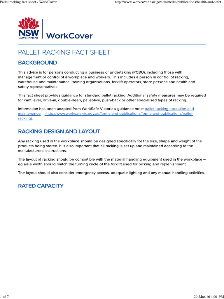 Pallet Racking Fact Sheet - WorkCover | PDF