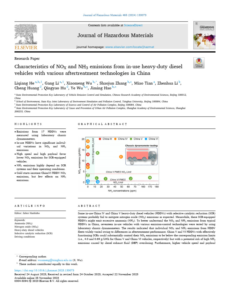 Characteristics of NOX and NH3 Emissions From In-Use Heavy-Duty Diesel ...