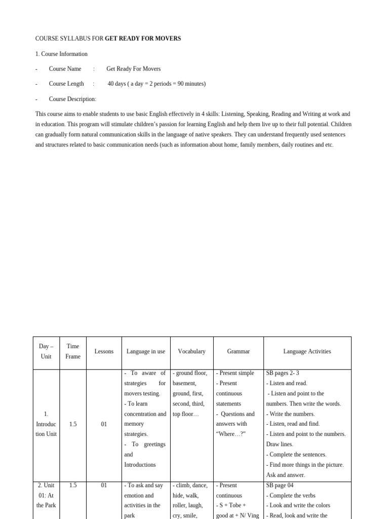Get Ready for Movers Course Syllabus | PDF | English Language ...
